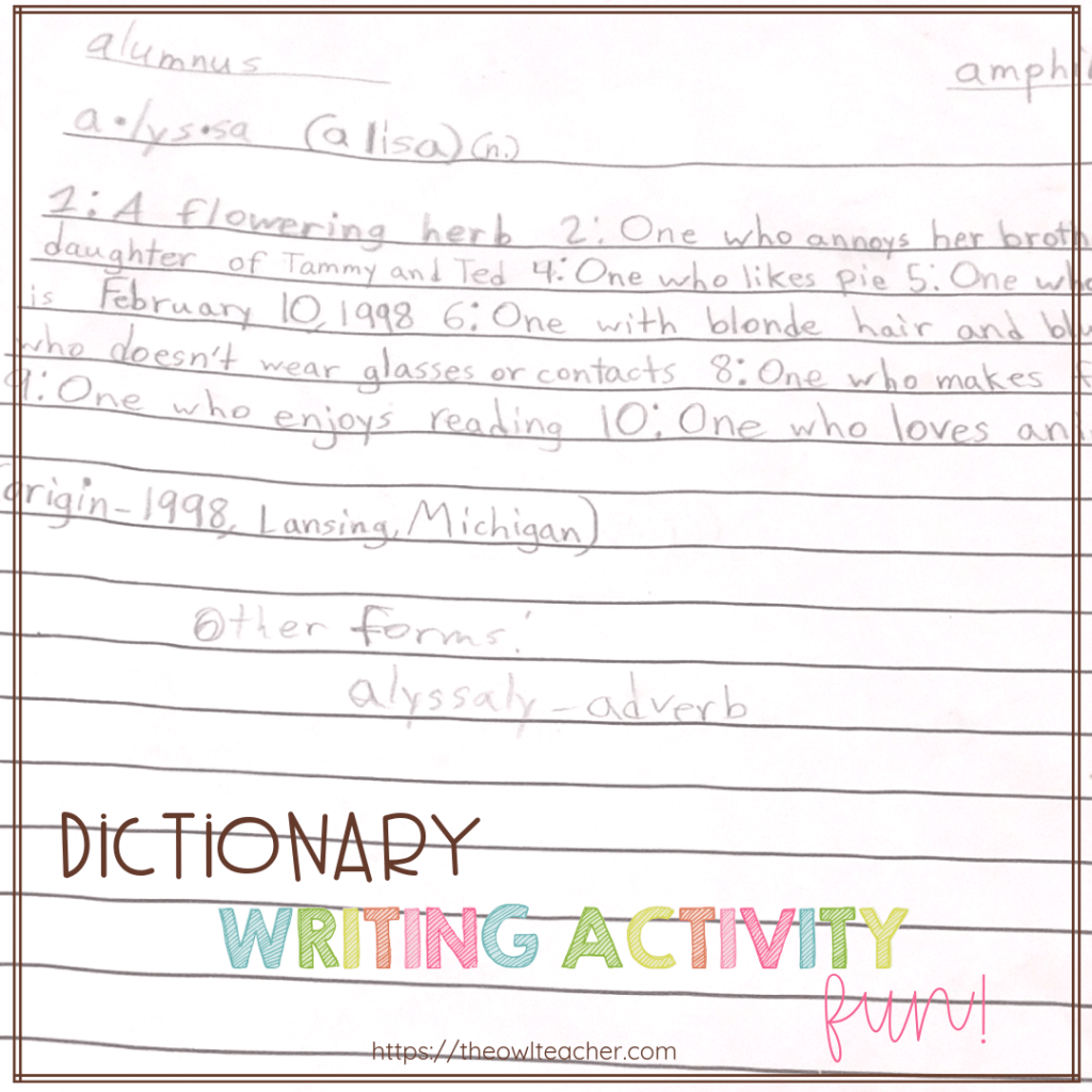 Dictionary Writing Activity Fun! - The Owl Teacher