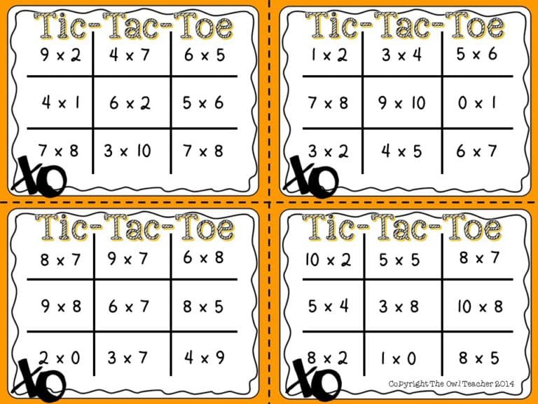 Tic Tac Toe Multiplication Facts Task Card Game - The Owl Teacher