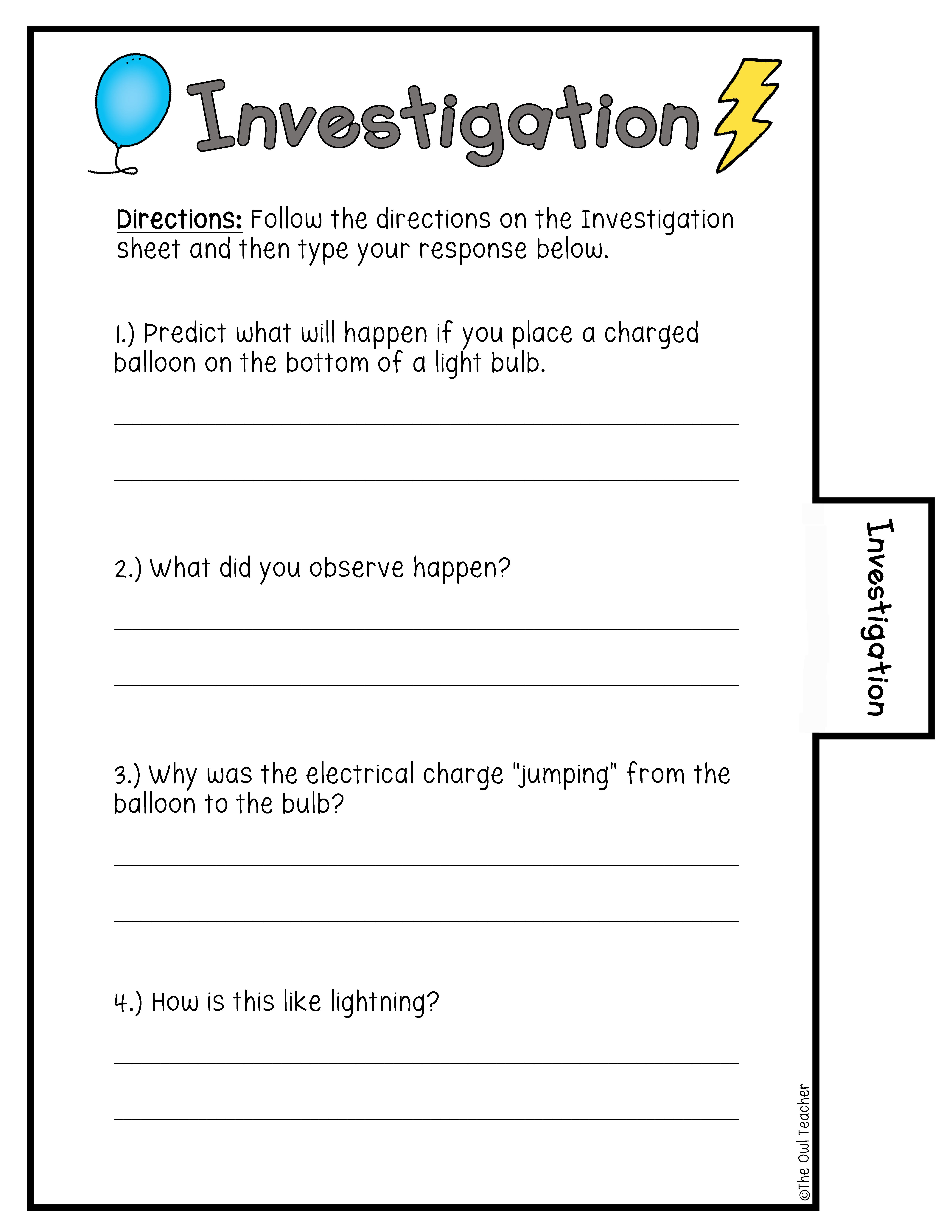 Static Electricity Investigation Booklet Printable Digital The Owl