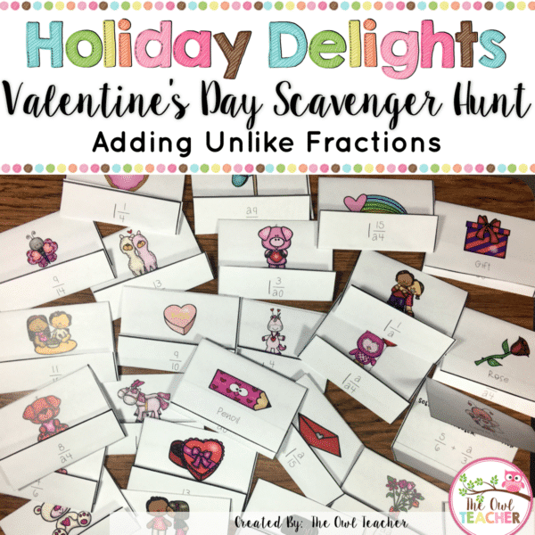 Valentines Day Unlike Fractions Math Scavenger Hunt - The Owl Teacher