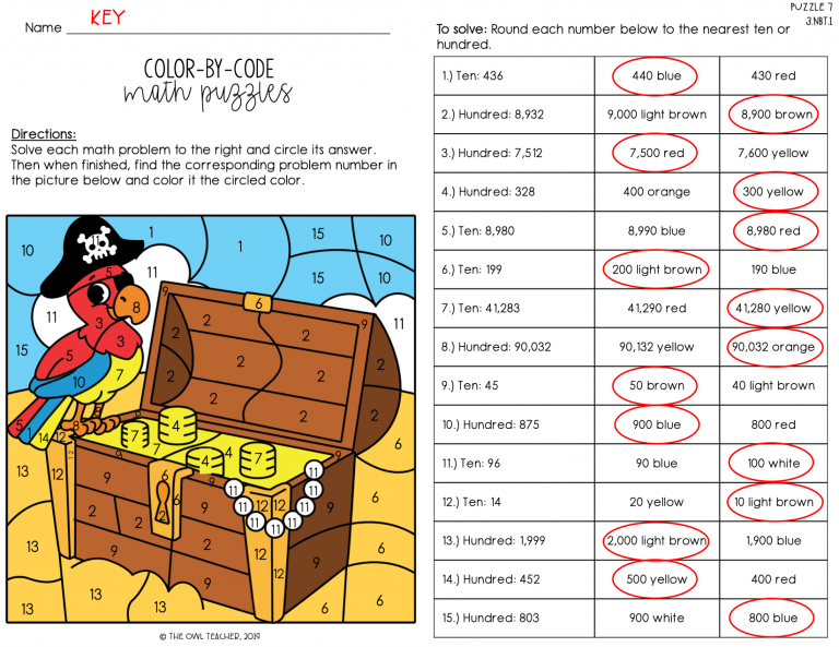Color By Number (or Color By Code) Rounding to 10 and 100 - The Owl Teacher