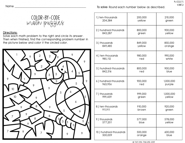 Color By Number (or Color By Code) Rounding Any Number - The Owl Teacher