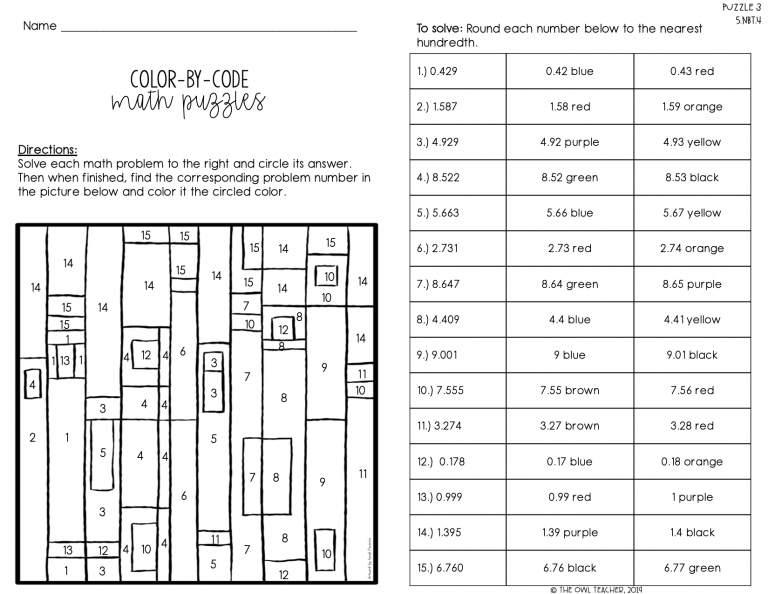 Color By Number (or Color By Code) Rounding Decimals - The Owl Teacher