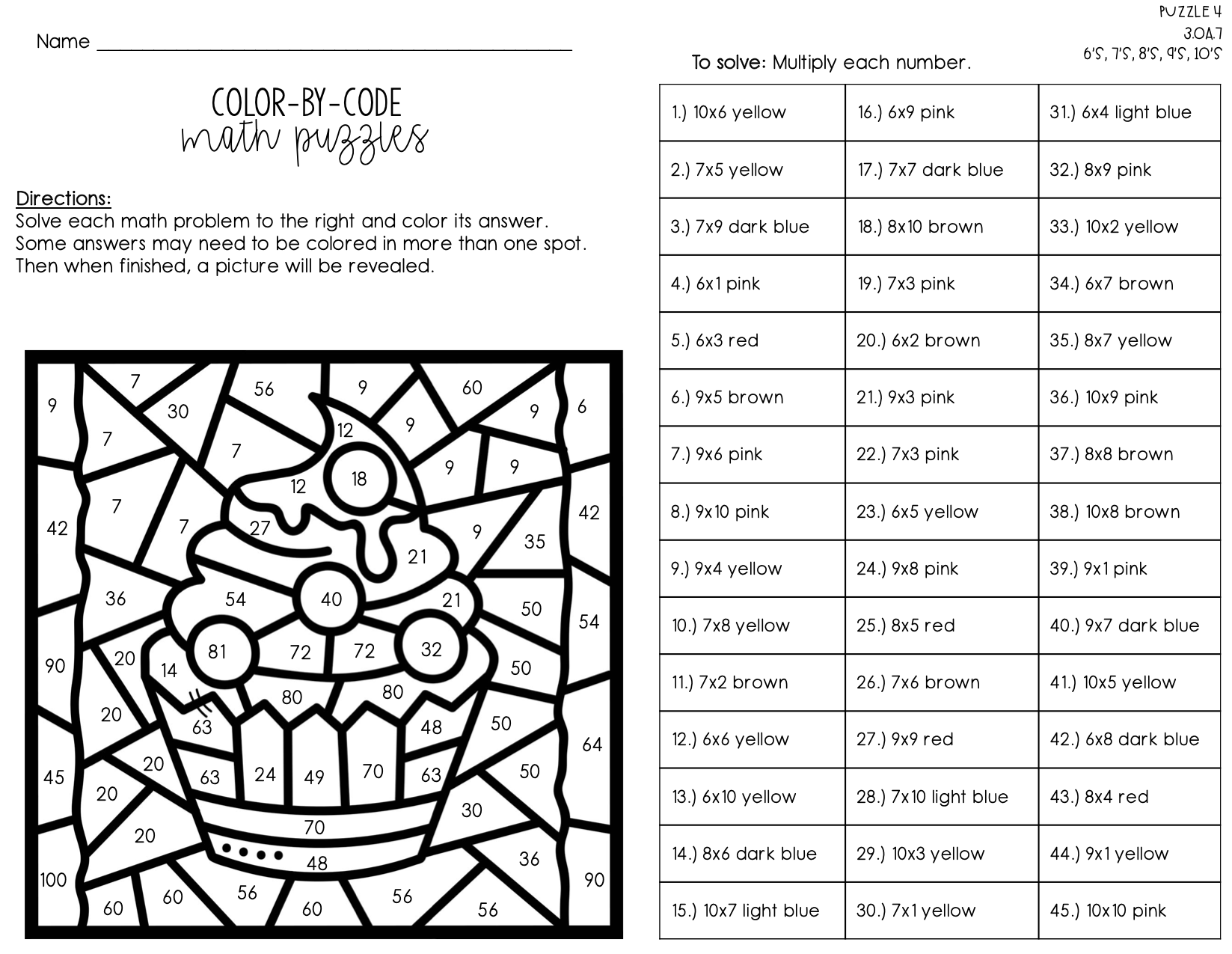 Multiplication Facts Color By Number Color By Code The Owl Teacher 