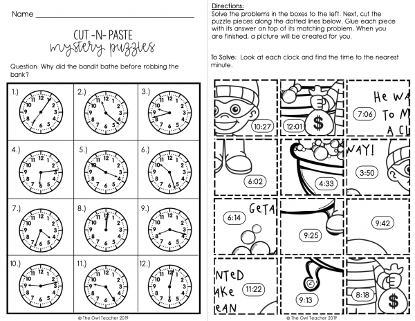Telling Time to the Nearest Minute Mixed Up Mystery Math Puzzles - The ...