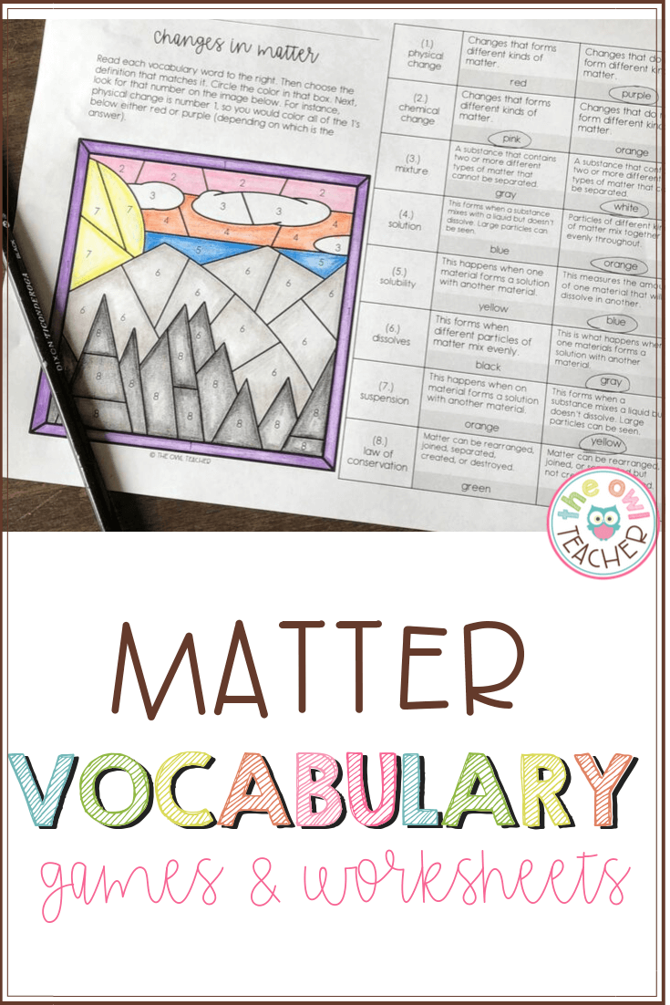 Matter Vocabulary Games and Worksheets Practice - The Owl Teacher