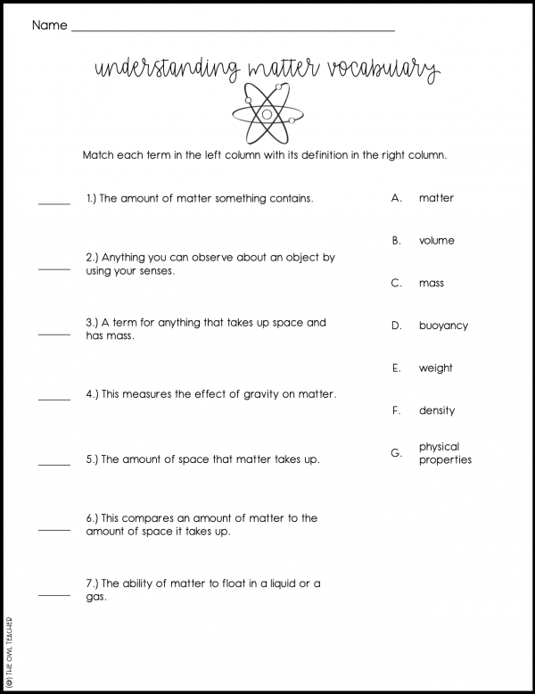 Matter Vocabulary Games and Worksheets Practice - The Owl Teacher