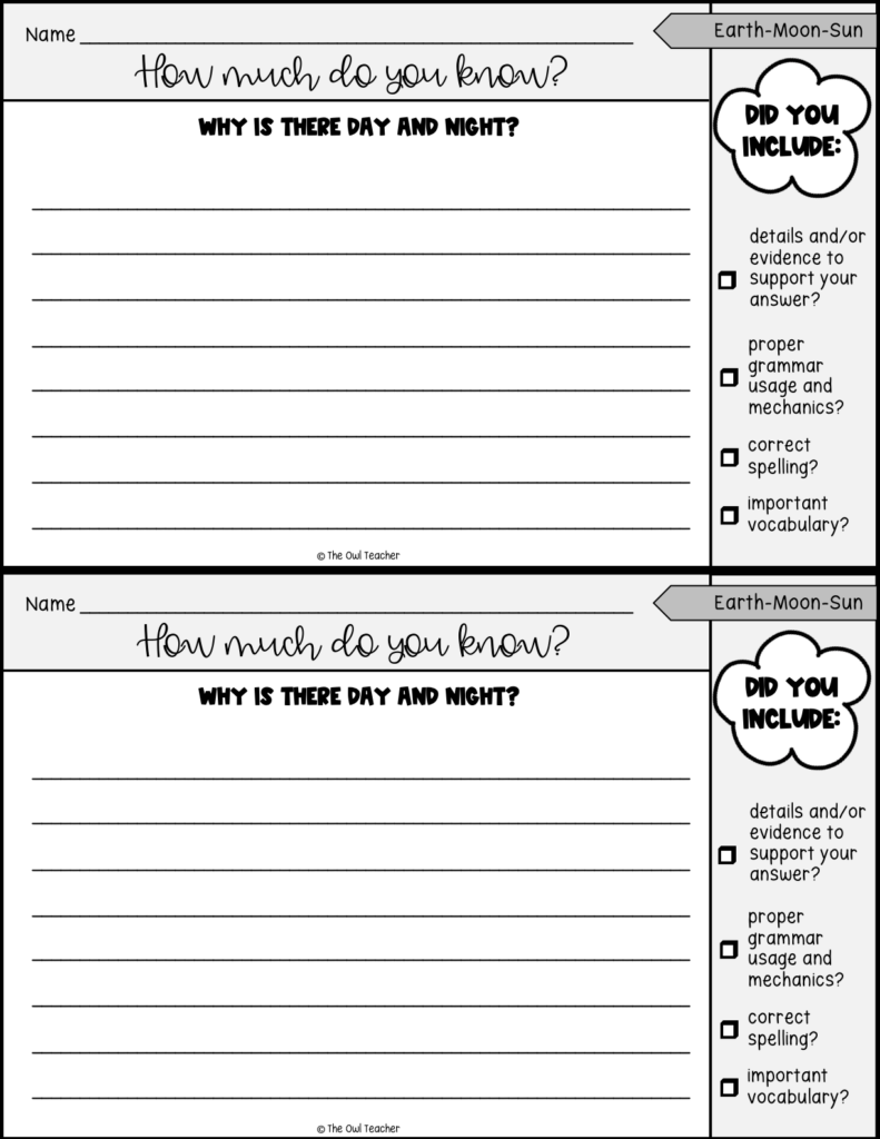 Earth Moon and Sun Science Writing Prompts | Exit Tickets - The Owl Teacher
