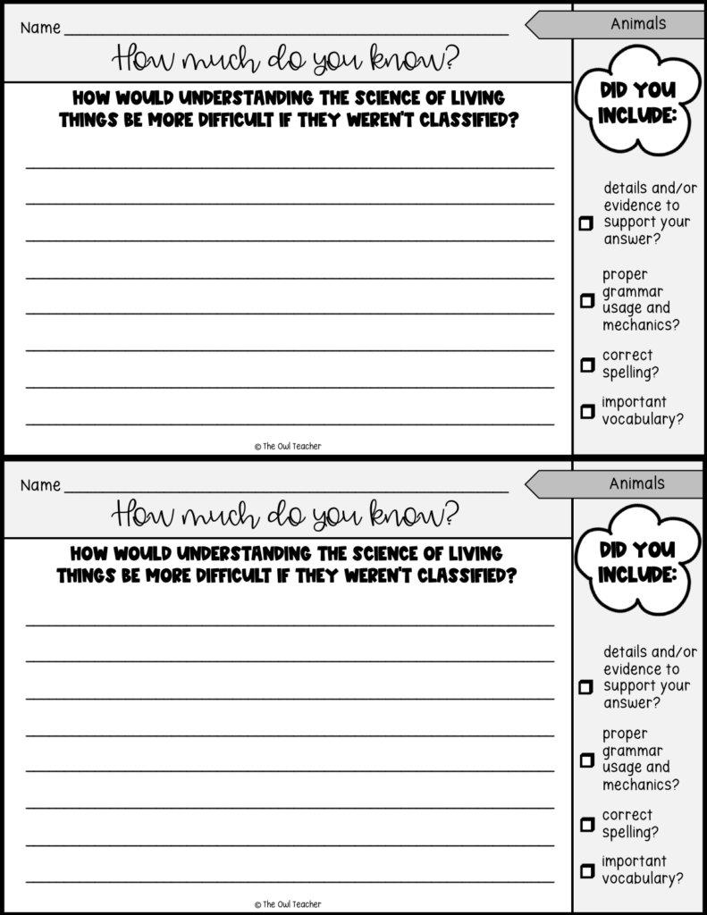Animals and their Structures Science Writing Prompts | Exit Tickets ...