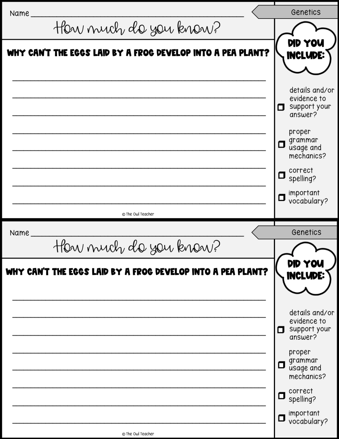 Heredity and Genetics Science Writing Prompts Exit Tickets - The Owl ...