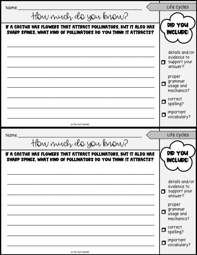 Life Cycles Science Writing Prompts Exit Tickets - The Owl Teacher