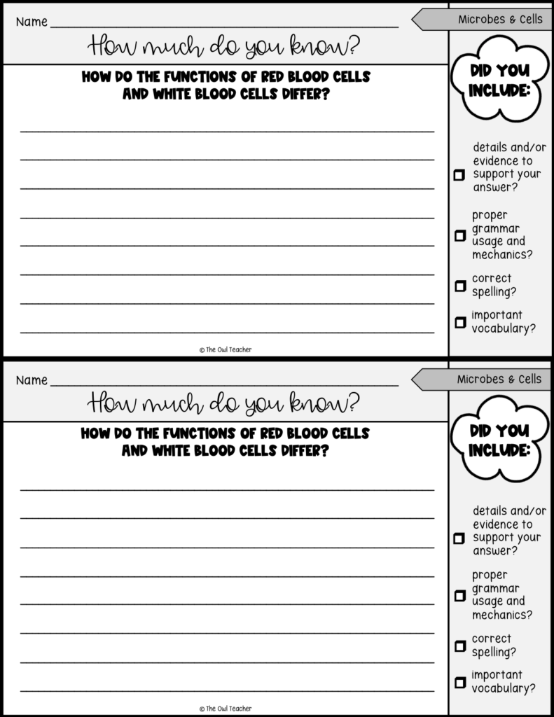 Cells and Microbes Science Writing Prompts Exit Tickets - The Owl Teacher