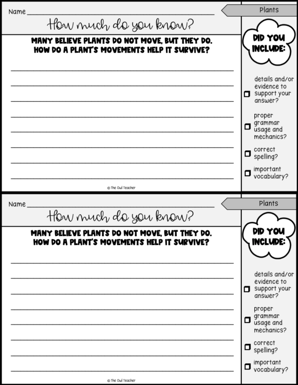 Plant Science Writing Prompts Exit Tickets - The Owl Teacher