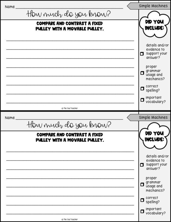Simple Machines Science Writing Prompts | Exit Tickets - The Owl Teacher