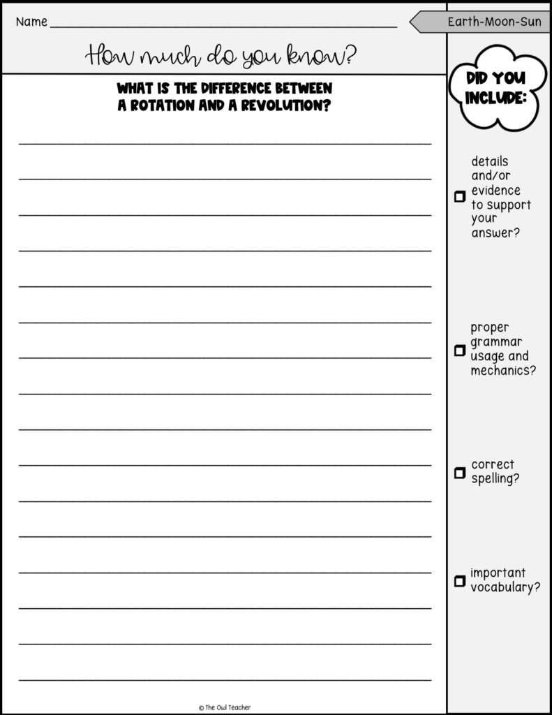 Earth Moon and Sun Science Writing Prompts | Exit Tickets - The Owl Teacher