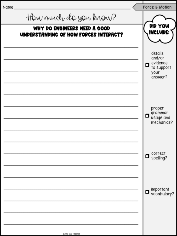 Force and Motion Science Writing Prompts | Exit Tickets - The Owl Teacher