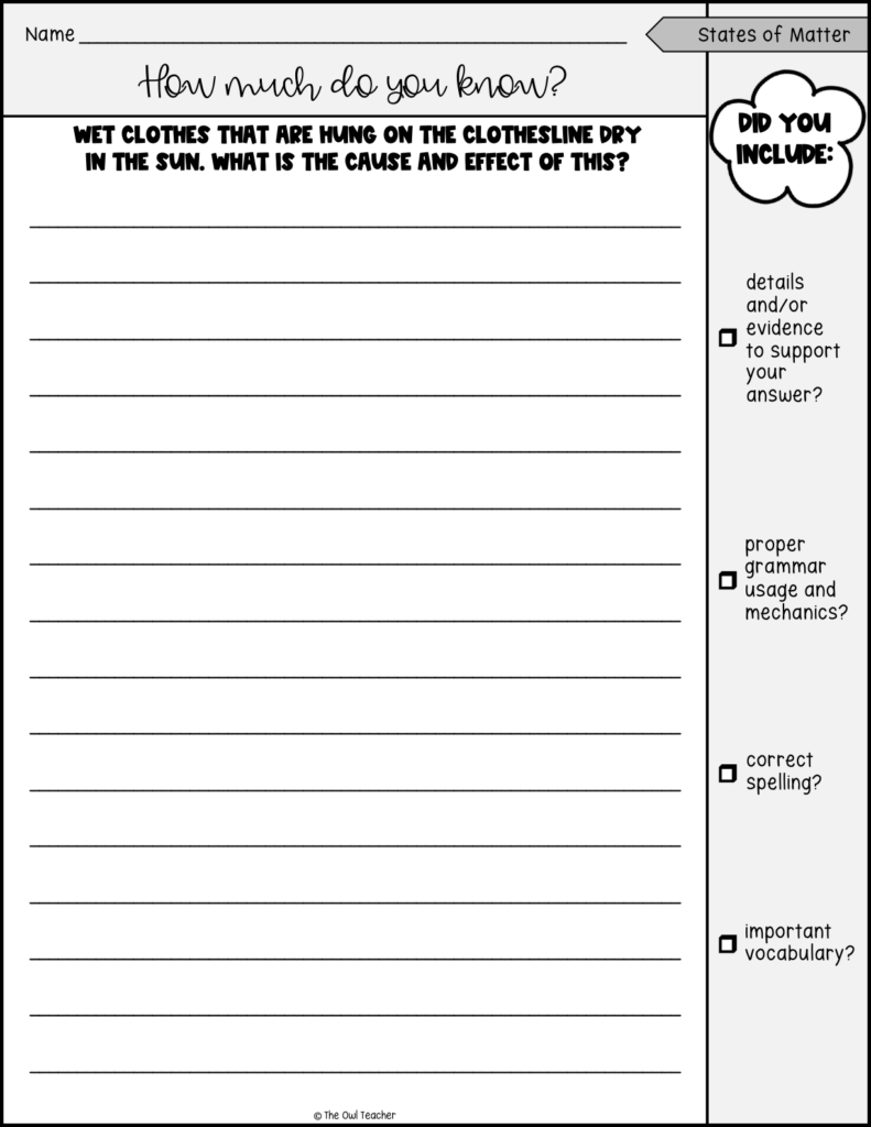 States of Matter Science Writing Prompts | Exit Tickets - The Owl Teacher