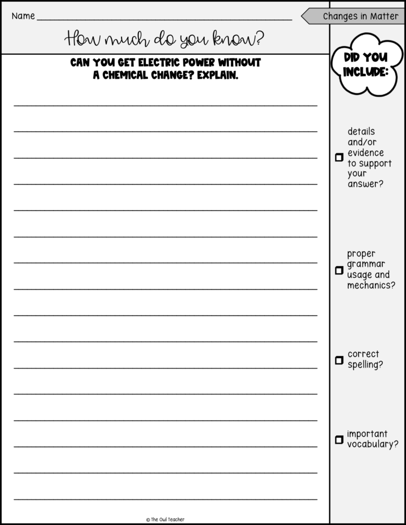 Chemical and Physical Changes of Matter Science Writing Prompts | Exit ...