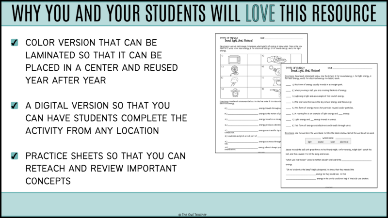 Forms of Energy Sort - Heat, Light, Electrical, & Sound Energy