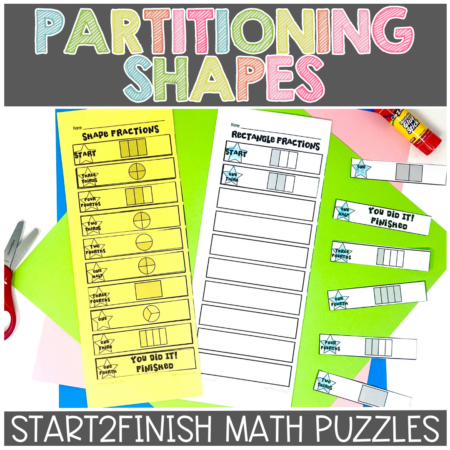 Fractions Math Puzzles - Halves, Thirds, Fourths Partitioning Shapes