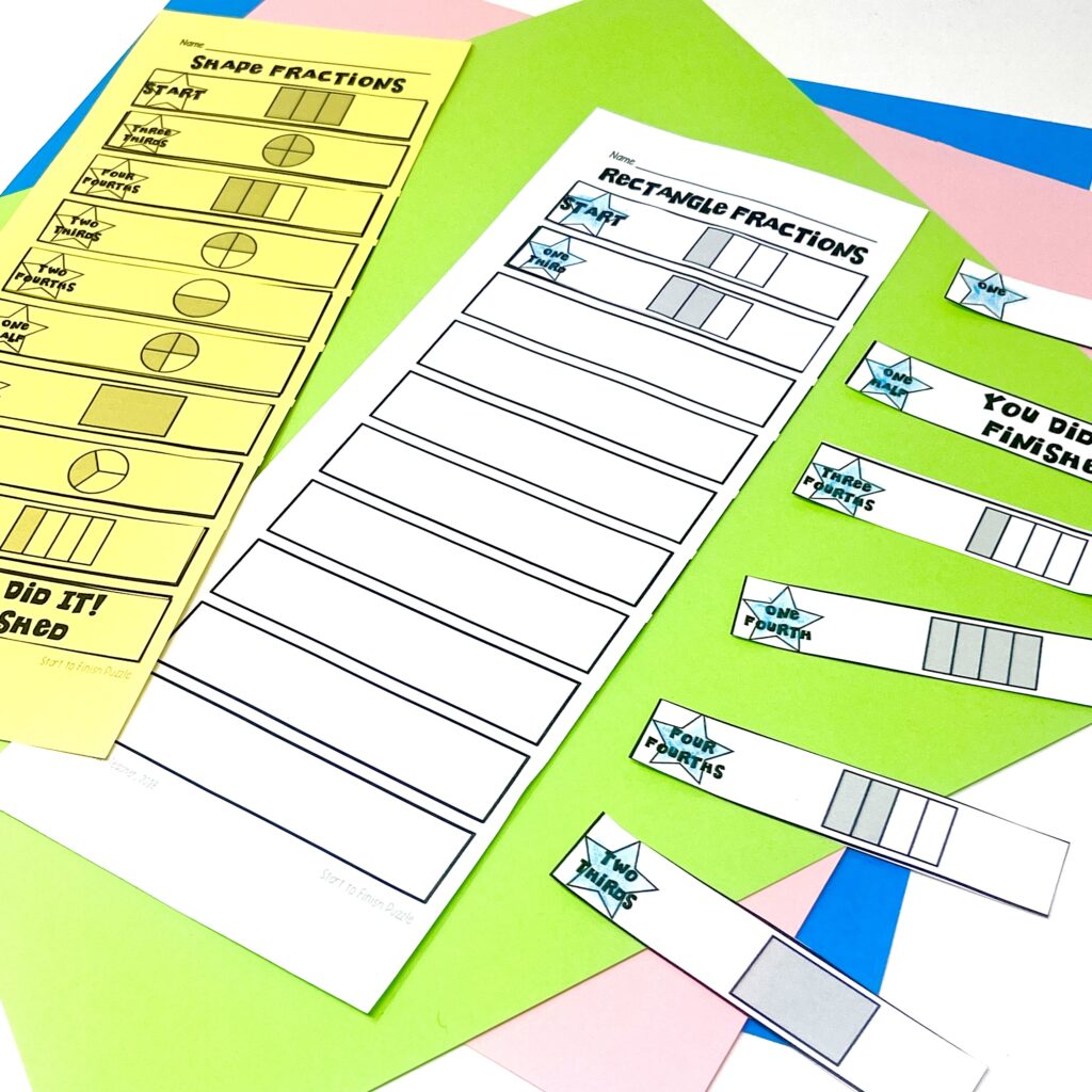 Fractions Math Puzzles - Halves, Thirds, Fourths Partitioning Shapes