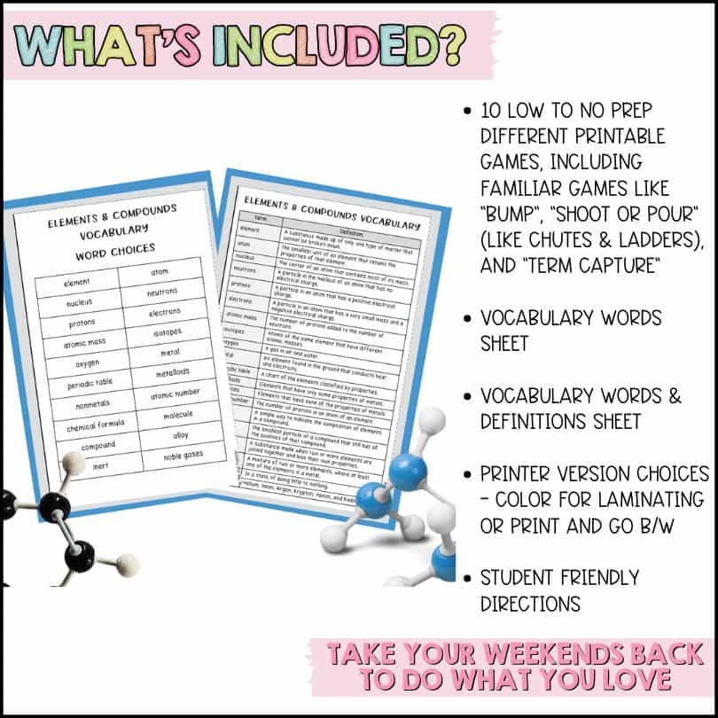 Elements & Compounds Chemistry Science Vocabulary Games - The Owl Teacher