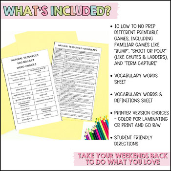 Renewable and Nonrenewable Resources Science Vocabulary Games Centers ...