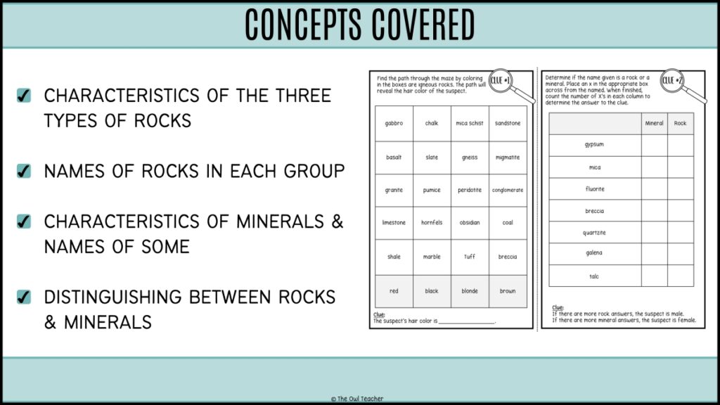 Rocks and Minerals Science Mystery Review and Practice Sheet - The Owl ...